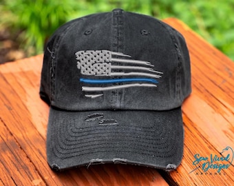 Thin Blue Line Hat, Distressed Baseball Cap OR Ponytail Hat With Thin ...