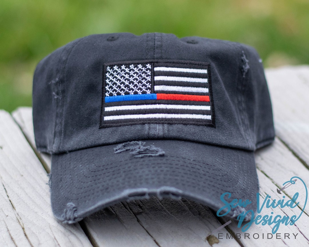 Blue and Red Line Hat Distressed Baseball Cap OR Ponytail - Etsy