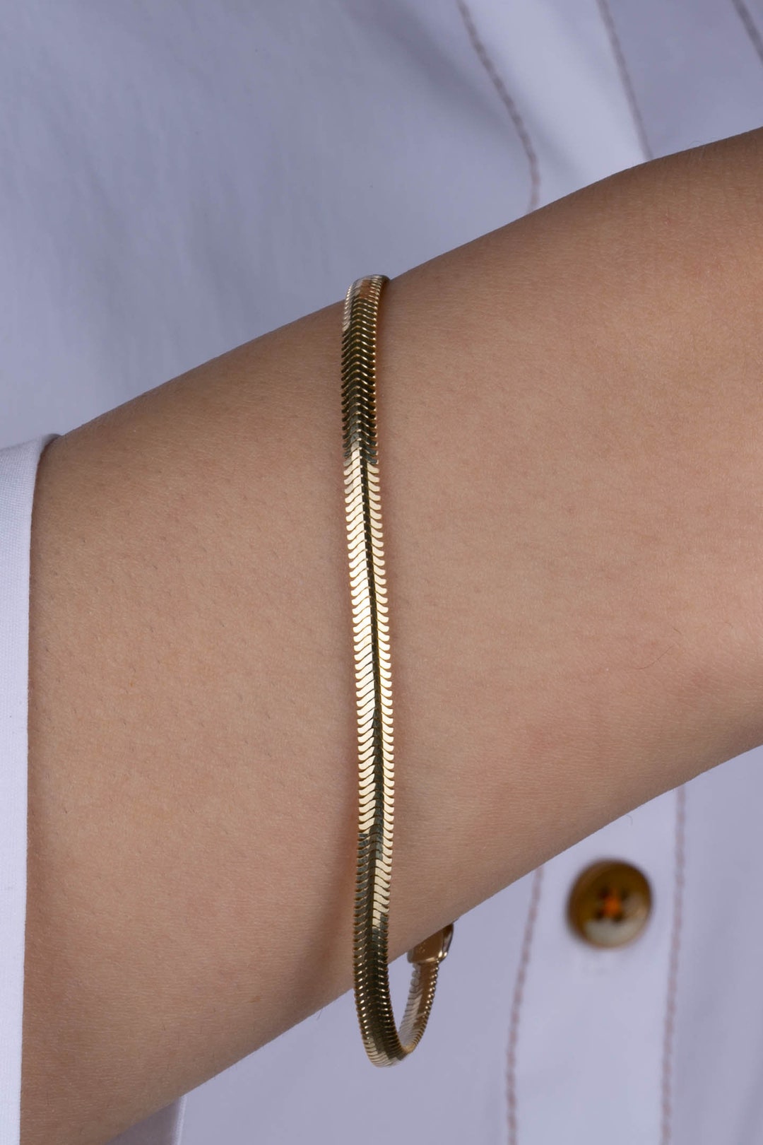 Snake Chain 14k Solid Gold Bracelet, Polished Herringbone Chain ...