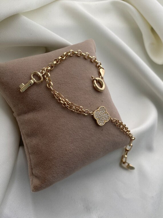14k Gold Rolo Link Armband mit Klee Charm Dickes Erbsketten Goldarmband Sailor Lock Verschluss geschwollener Kleeanhanger Weihnachtsgeschenk Etsy