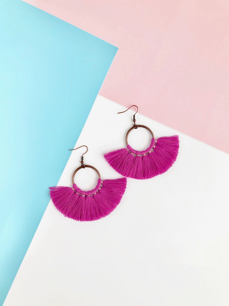 Magenta tassel earrings magenta boho earrings magenta cotton | Etsy