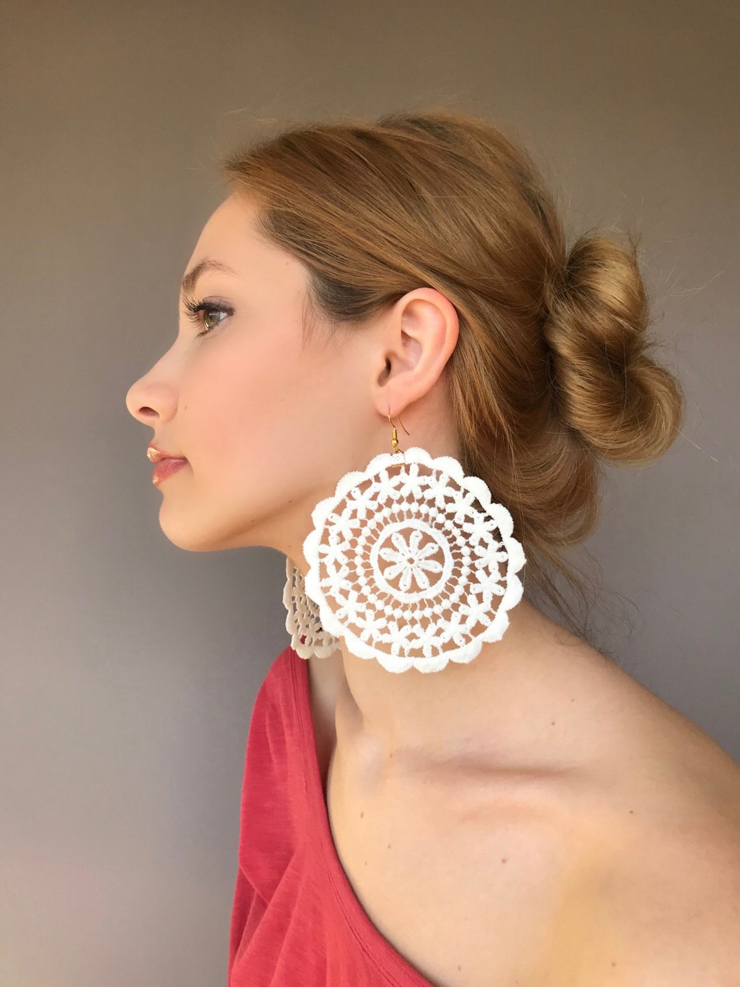 Large Lace Earrings, White Lace Earrings, Flower Lace Earrings ...