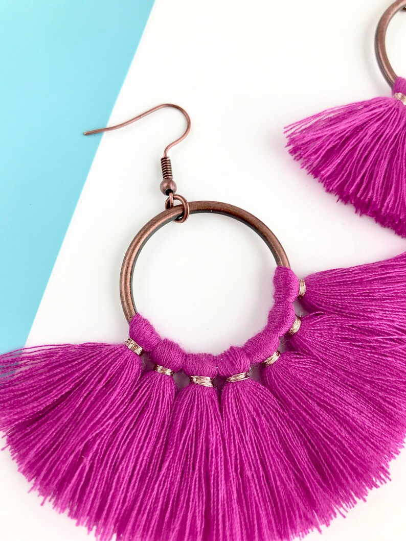 Magenta tassel earrings magenta boho earrings magenta cotton | Etsy