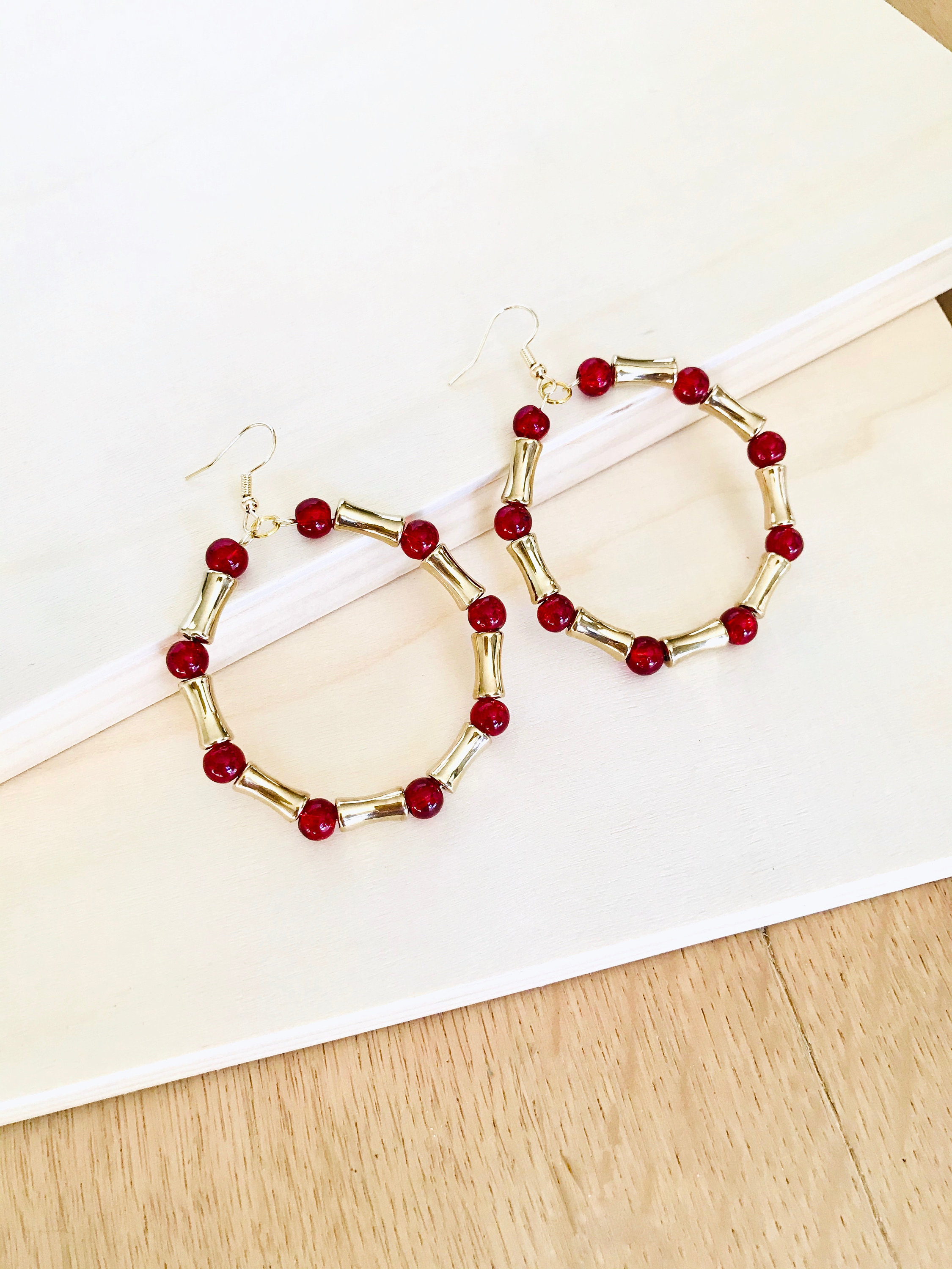 Red and Gold Hoop Earrings Red Beads Hoops Beaded Hoops Red | Etsy