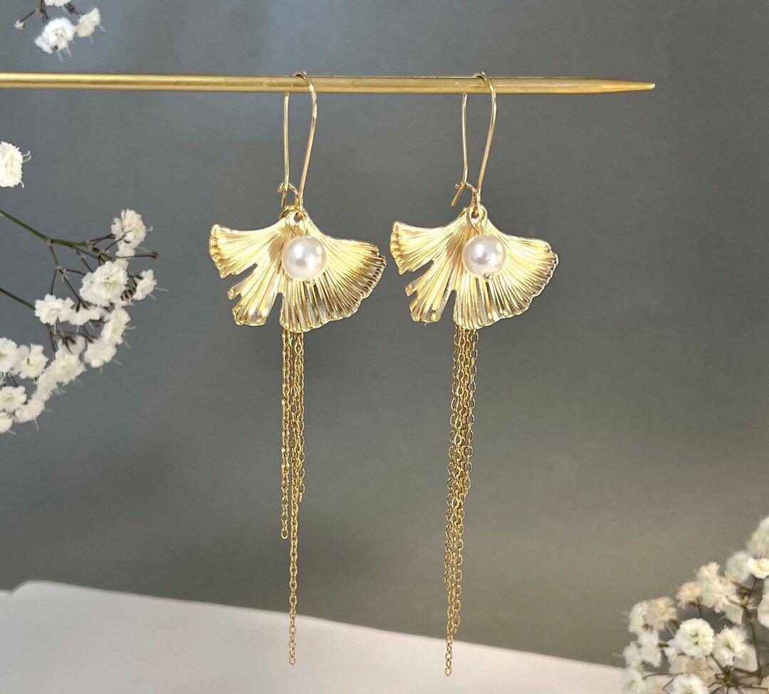 Gold Ginkgo Leaf Earrings, Gold Leaf Dangle Earrings, Wedding Ginkgo Earrings, Bridal Pearl ...