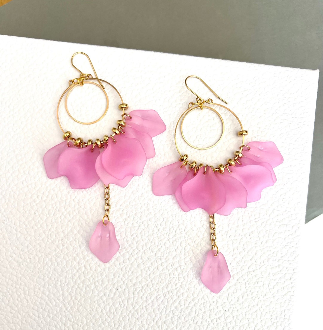 Pink Statement Earrings, Pink Petal Earrings, Long Drop Earrings ...