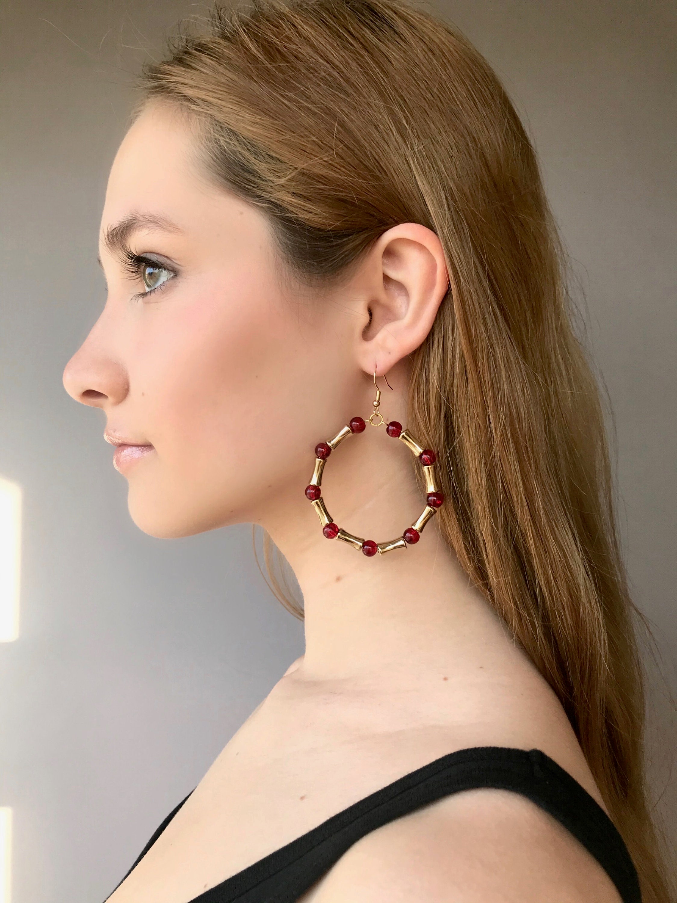 Red and Gold Hoop Earrings Red Beads Hoops Beaded Hoops Red | Etsy