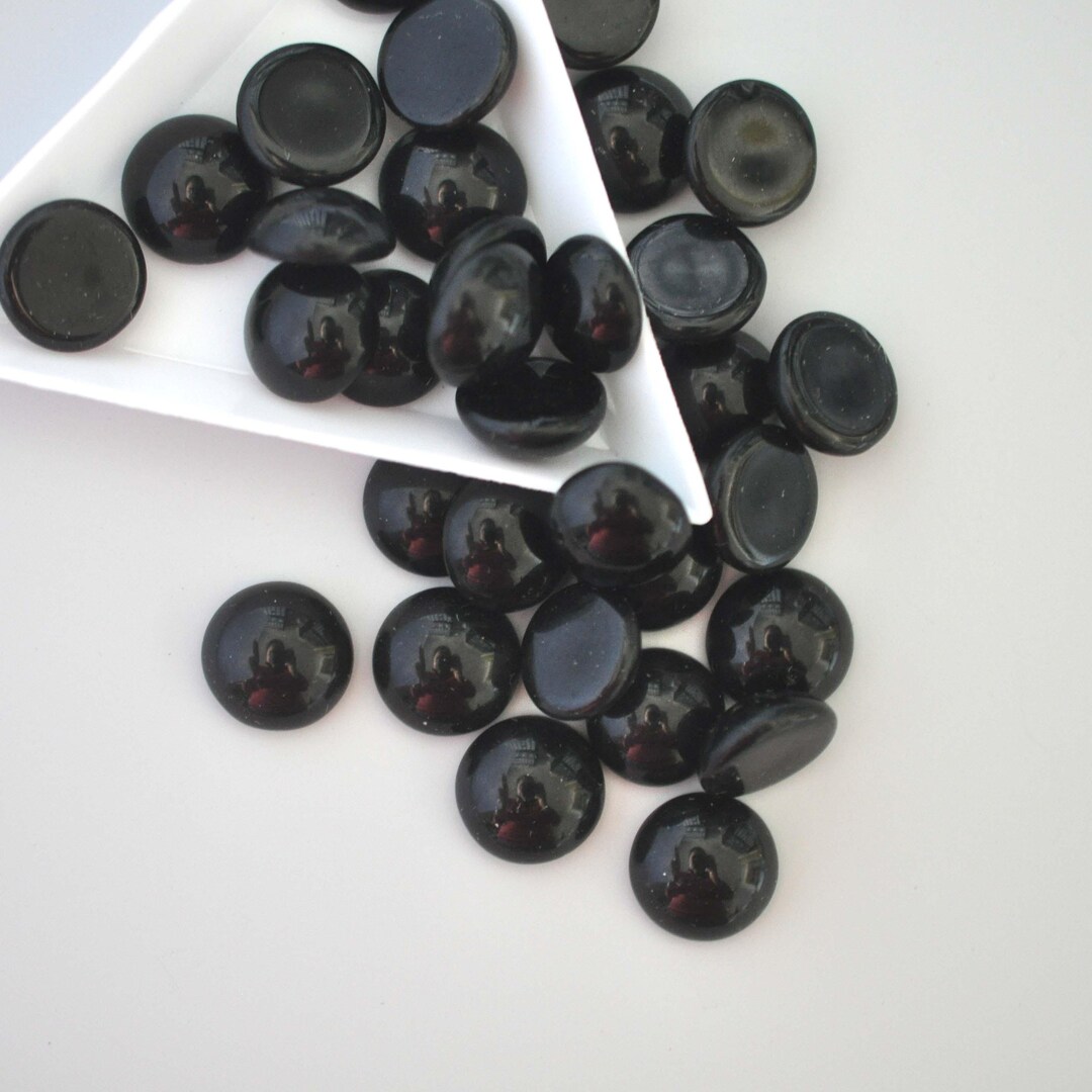 13mm Jet Black Vintage Flat Back Round Glass Cabochons, Opaque Black ...