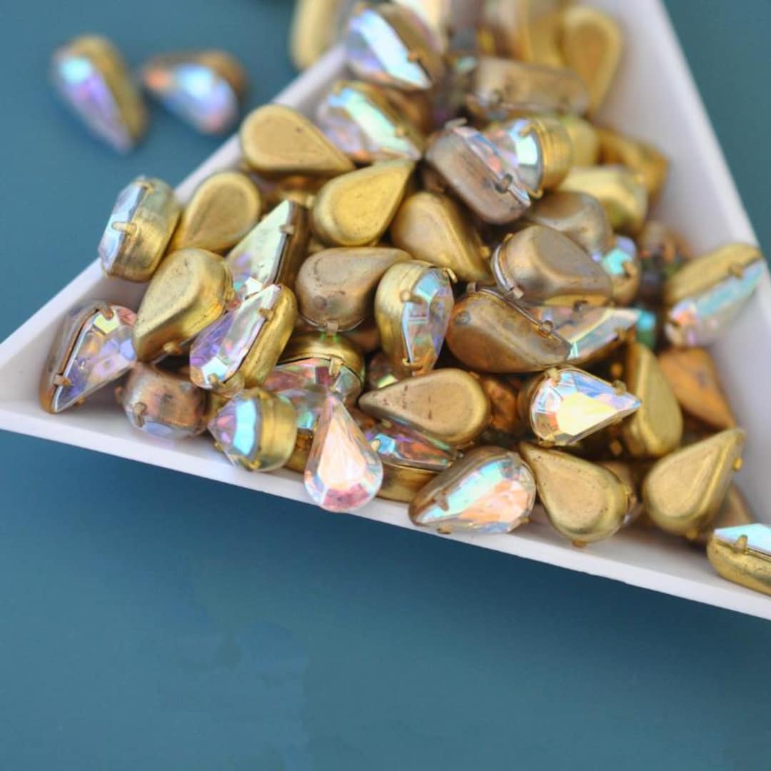 10x6mm Crystal AB Pear Shape Brass Set Rhinestones, Prong Set Austrian ...