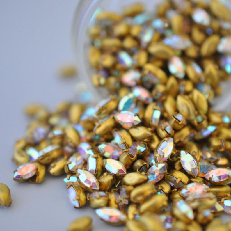 6x3mm Crystal AB Navette Shape Brass Set Rhinestones, Vintage Prong Set ...