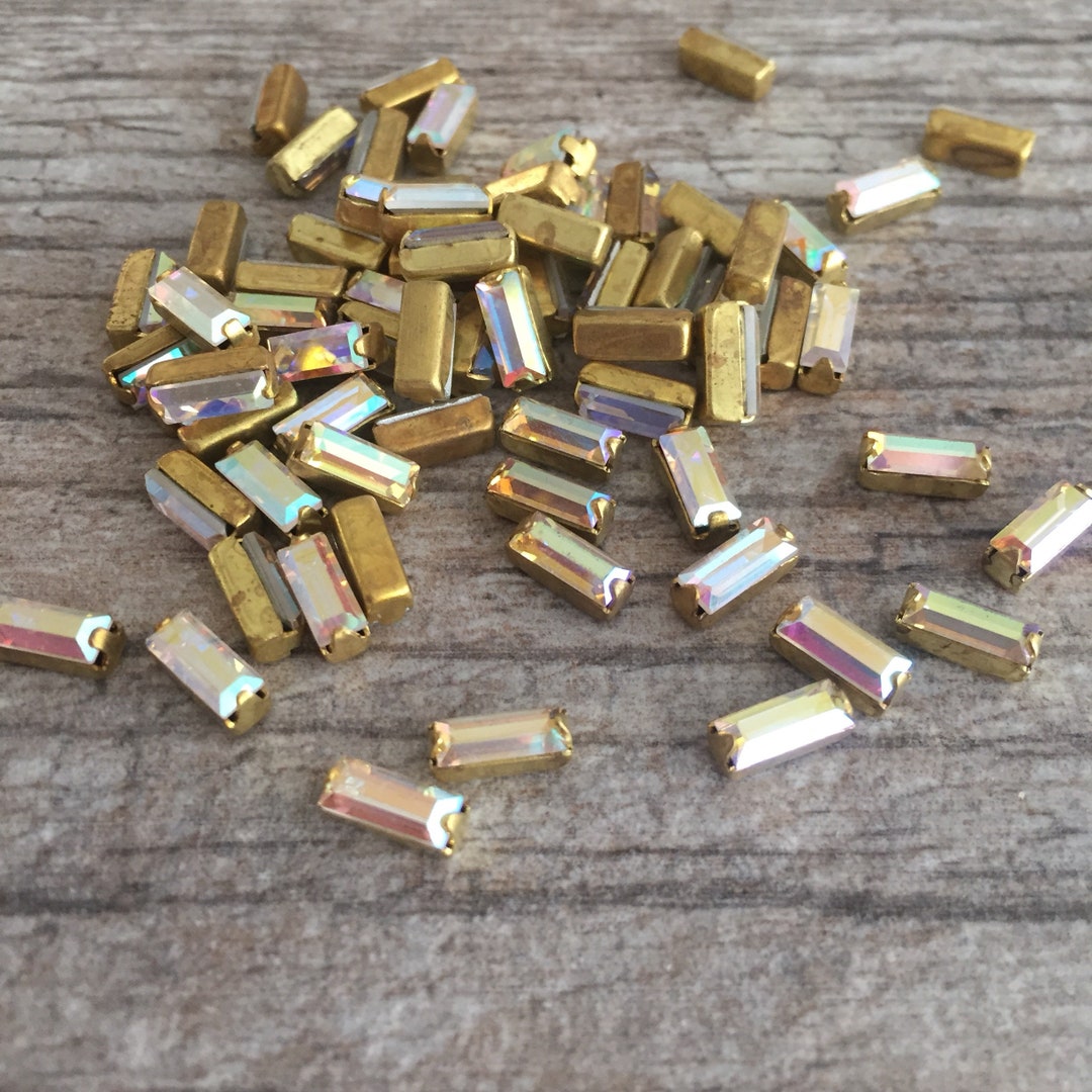Crystal AB 7x3mm Vintage Bezeled Baguette Rhinestones in Brass Settings ...