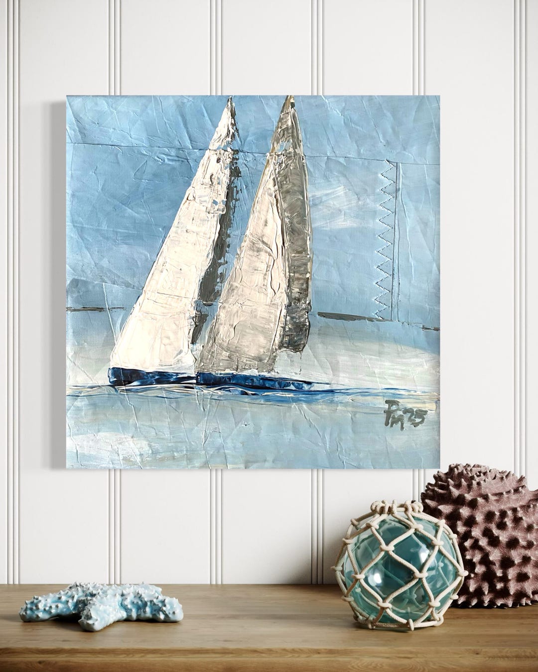 Sailboat Painting, 30x30 Cm. Maritime Painting on Original Sailcloth ...