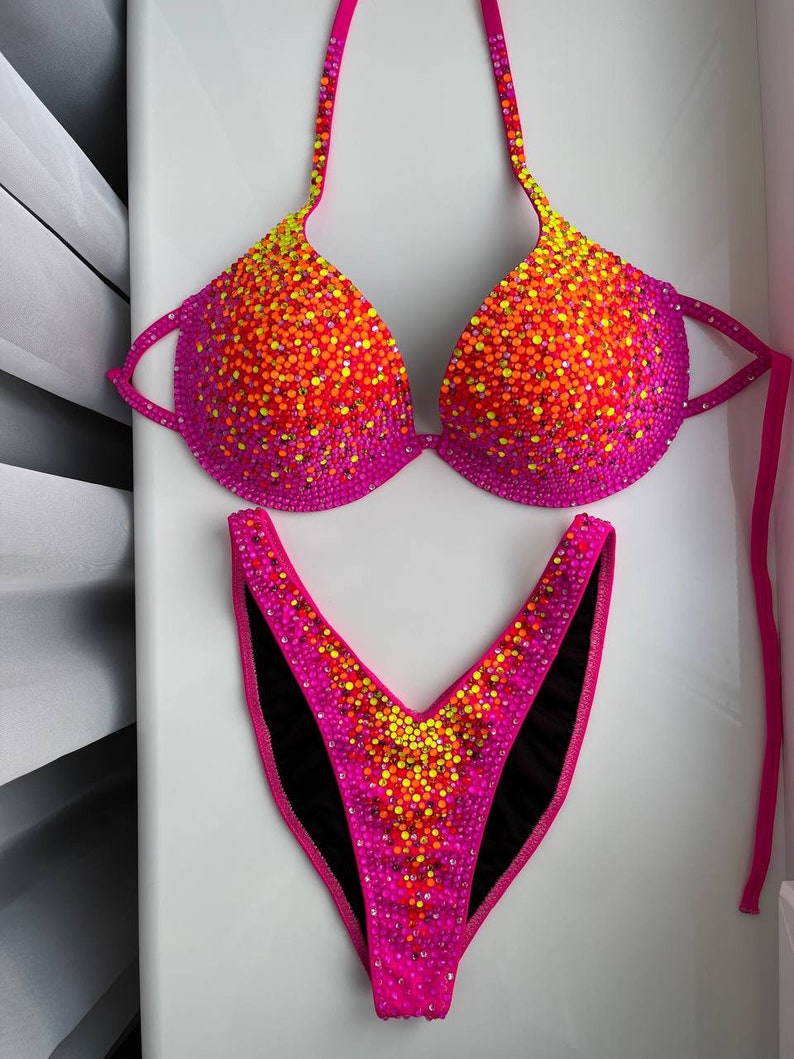 Pink Neon NPC IFBB Yellow Bikini Suit . Bikini Suit, Fitness Suit ...