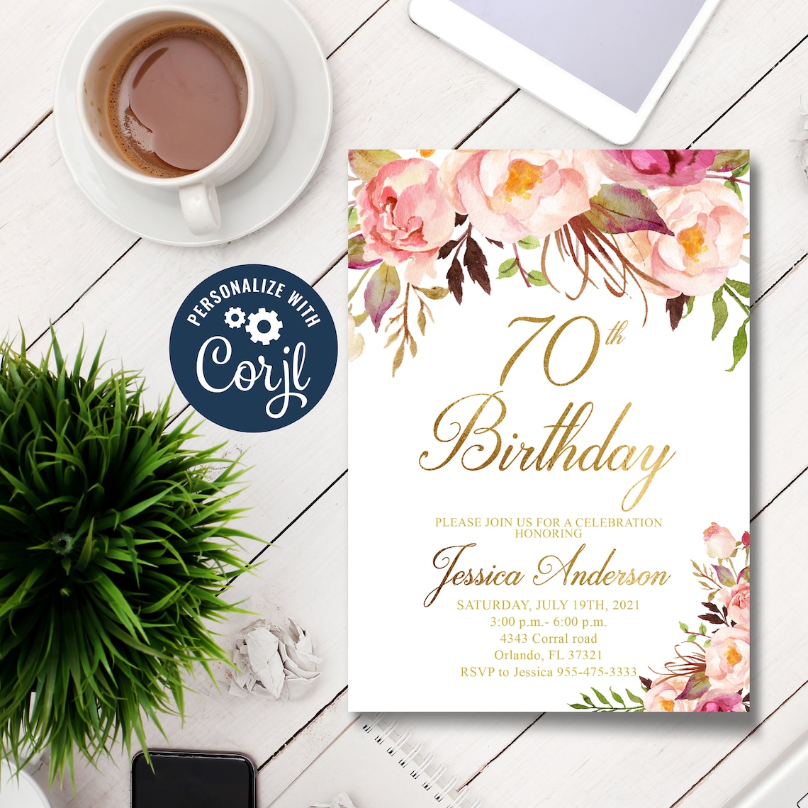 Editable Floral Women Birthday Invitation 70th Birthday Etsy