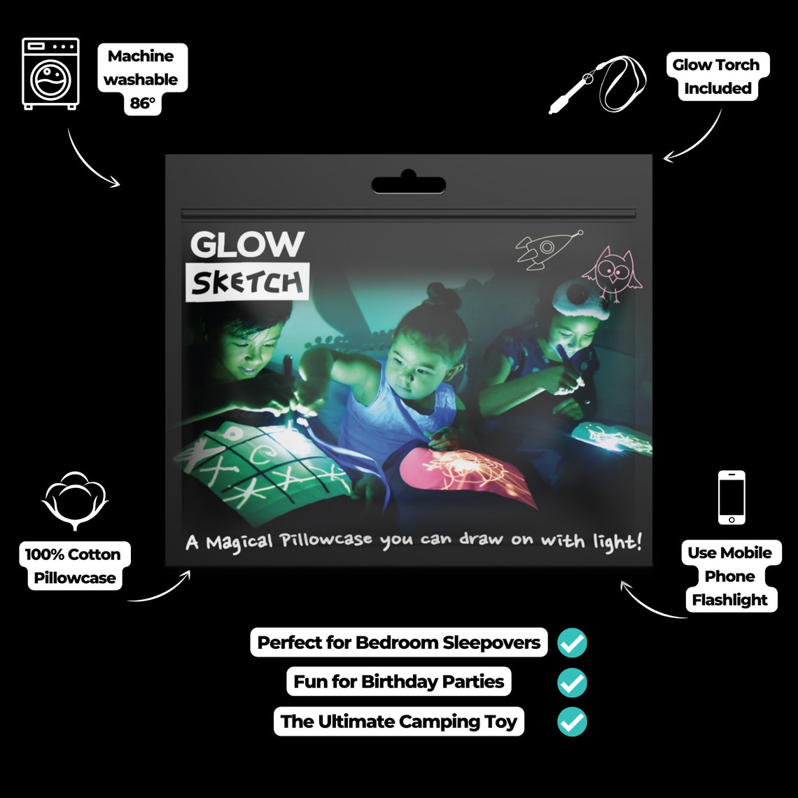 Glow Sketch Glow in the Dark Doodle Pillowcase Noughts & - Etsy