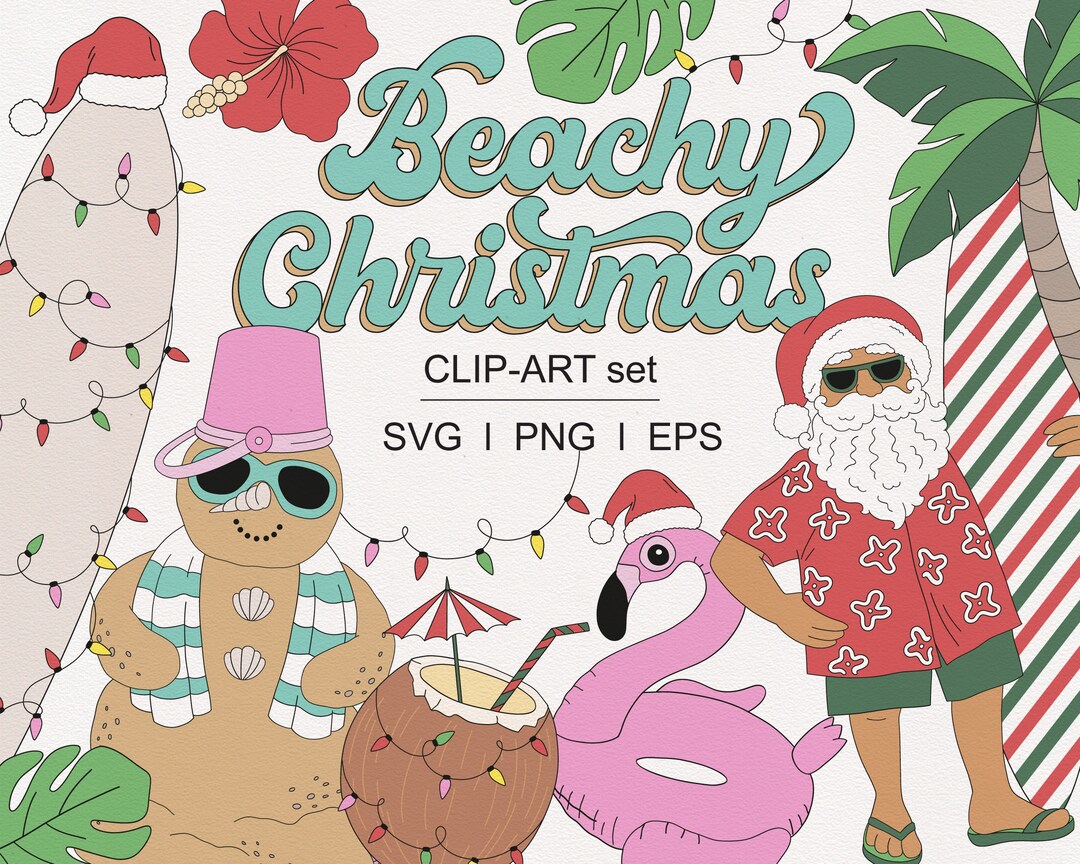 Tropical Beach Christmas in July Surf Santa Palm Flamingo Cocktail ...