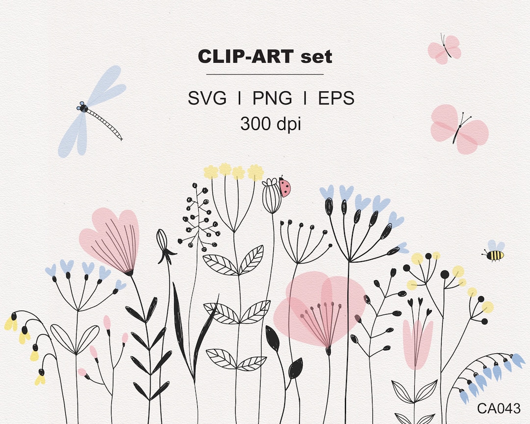Meadow Spring Floral Clipart Set Hand Drawn Botanical Doodle Bloom Wild ...