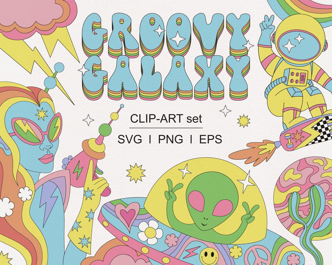 Retro Groovy Outer Space Astronaut Galaxy Extraterrestrial Alien UFO ...