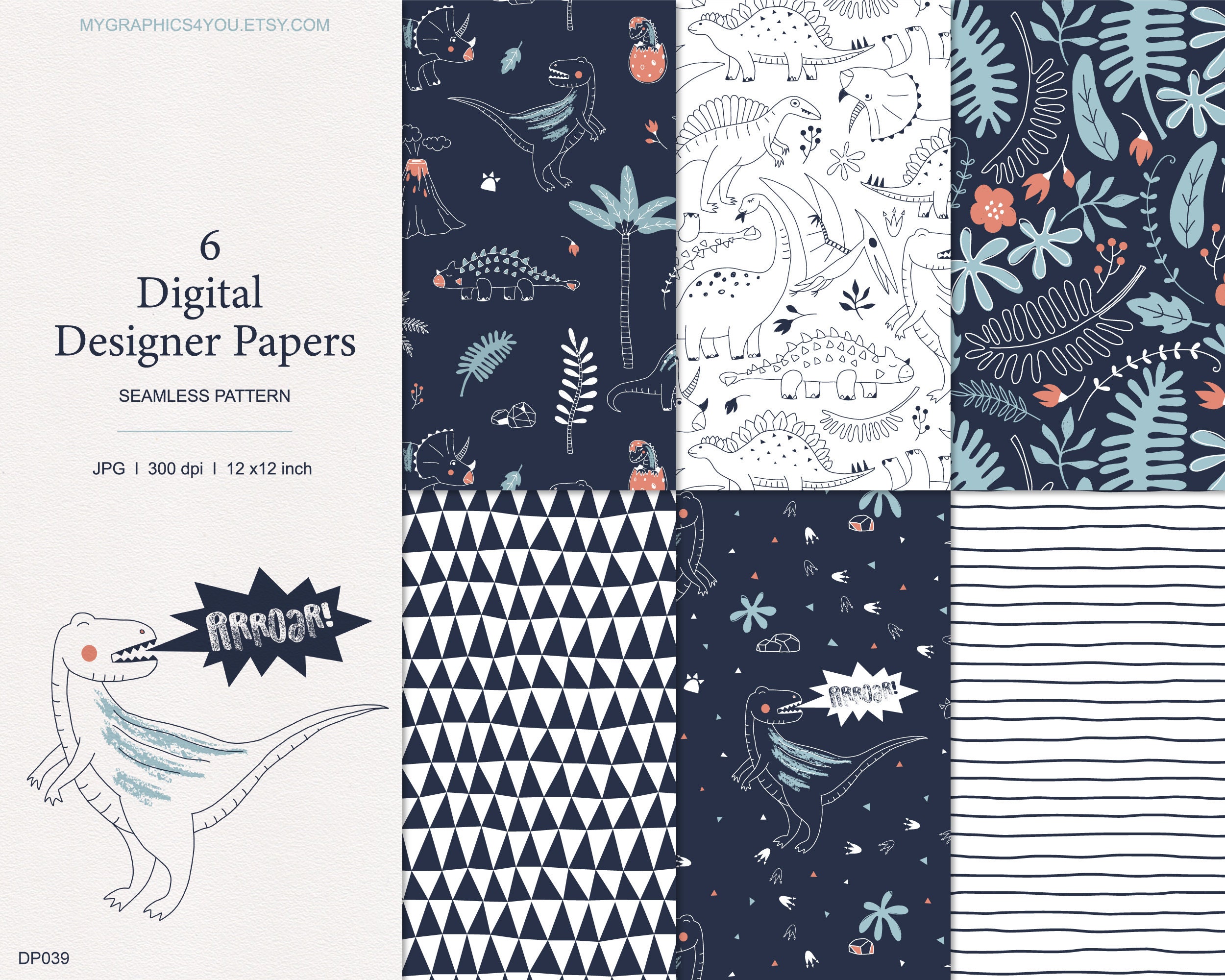 Paper, Party & Kids Scrapbook paper Commercial use 79 dino seamless ...