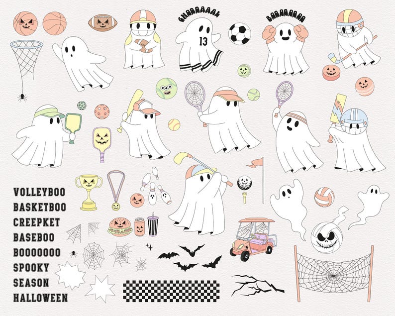 Sporty Halloween Ghosts Clipart Set | Cute Ghost PNG, Sports Halloween ...