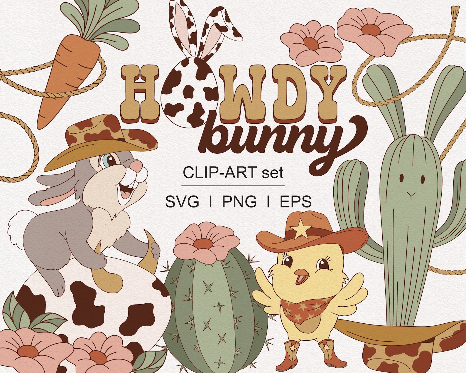 Retro Western Howdy Easter Bunny Cowboy Chick Eggs Hunting Rodeo ...