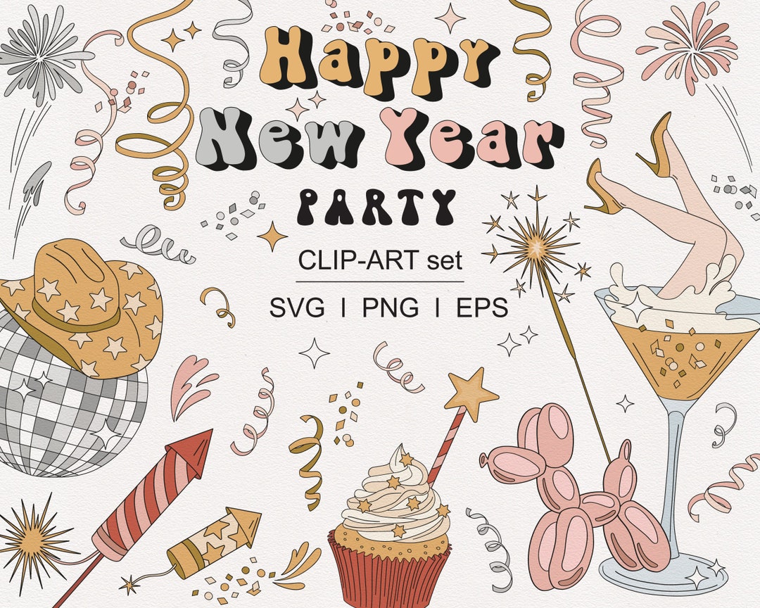 Groovy Happy New Year Eve Party Hat Mask Champagne Confetti Fireworks ...