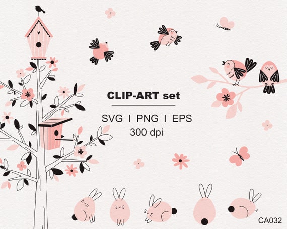 Pink Spring Bird Bloomy tree Easter Bunny Chicken Sheep | Etsy