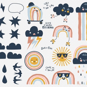 Funny Weather Character Rainbow Cloud Sun Clipart Set SVG PNG Download ...