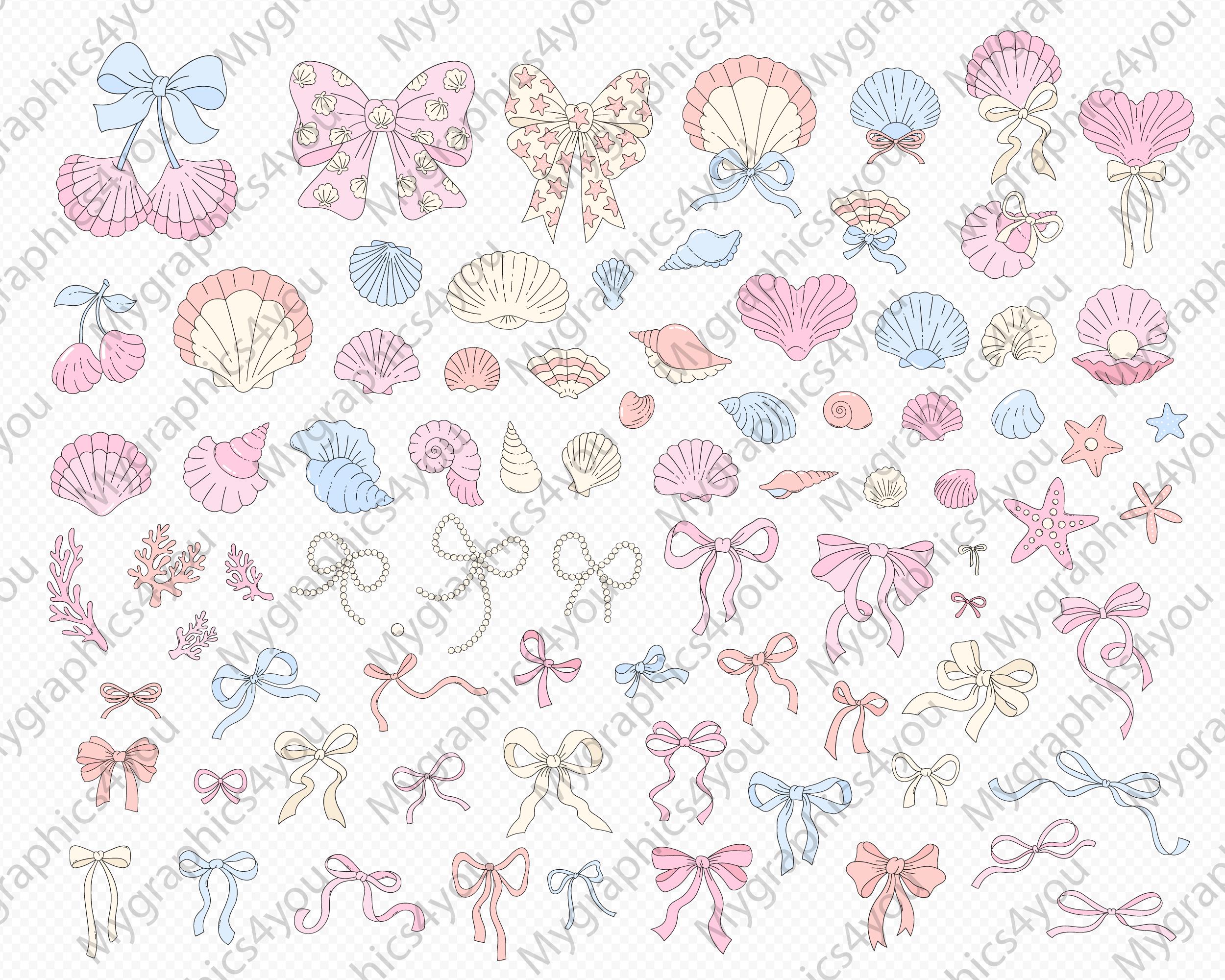 Retro Coquette Boho Seashell Bow Clipart – Pastel Coastal Summer Pngs ...