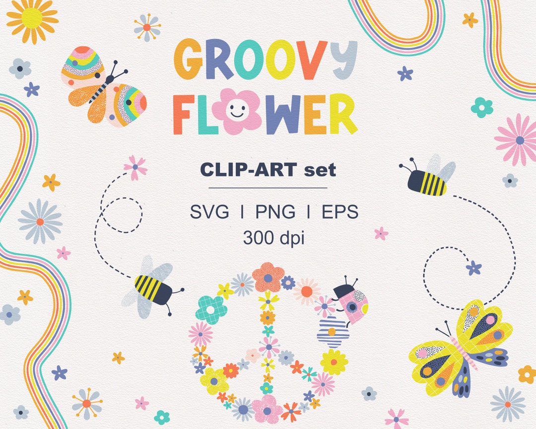 Groovy Flower Clipart Set Naive Floral Butterfly Ladybug Bee Rainbow ...