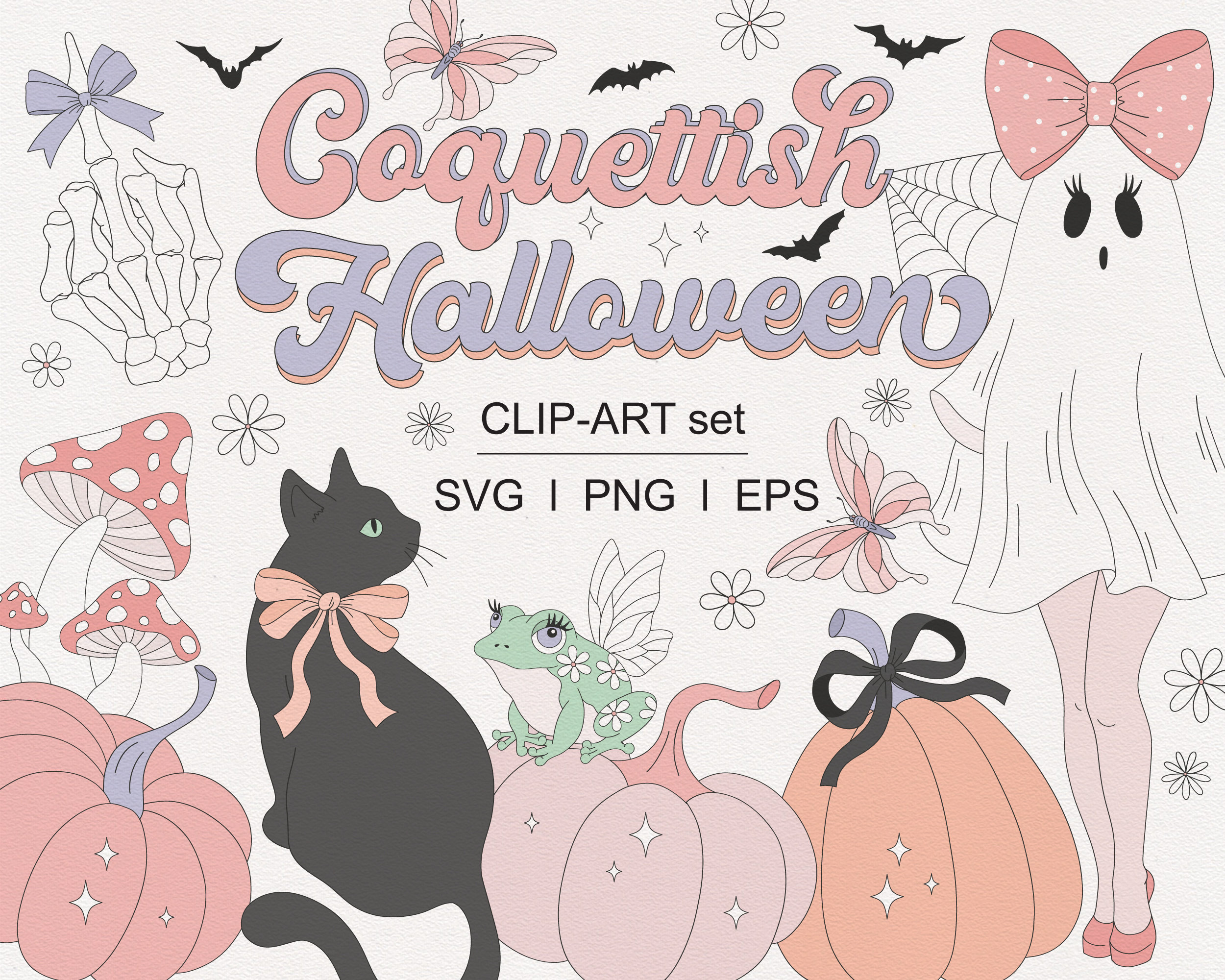 Cute Girly Coquette Halloween Bow Ghost Witch Bat Pumpkin Black Cat ...