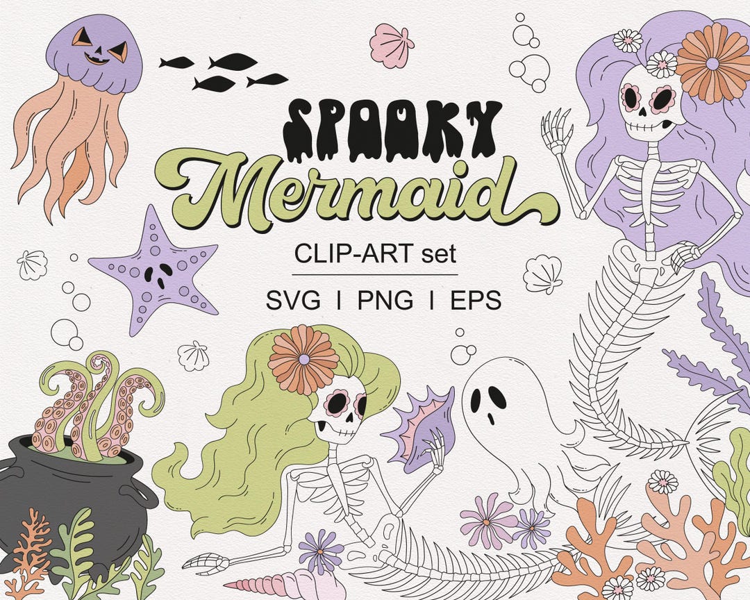 Cute Spooky Pastel Goth Creepy Halloween Witch Skeleton Mermaid ...