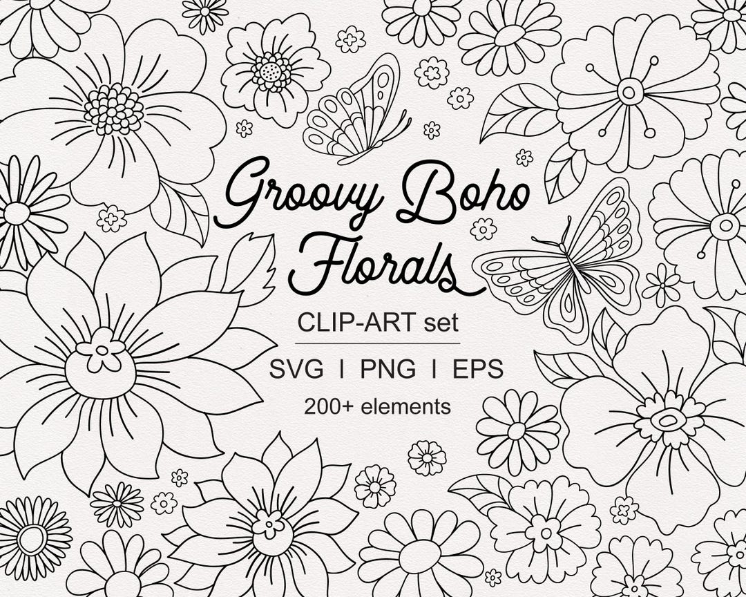 Retro Hippie Boho Groovy Flower Power Outline Florals Butterflies for ...