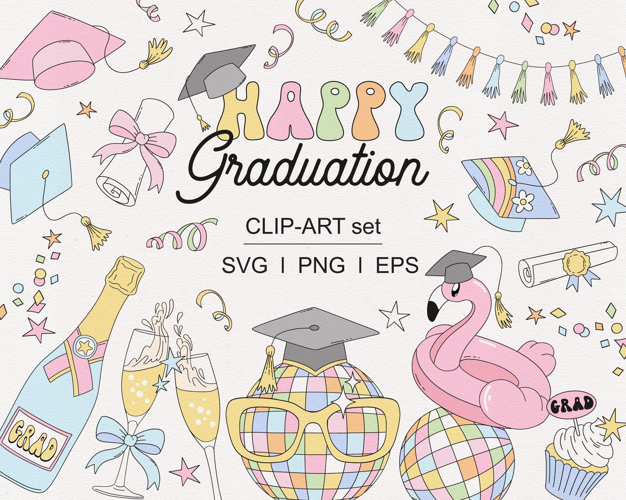 Cute Retro Groovy Pastel Graduation Party Clipart Set Goodbye School ...