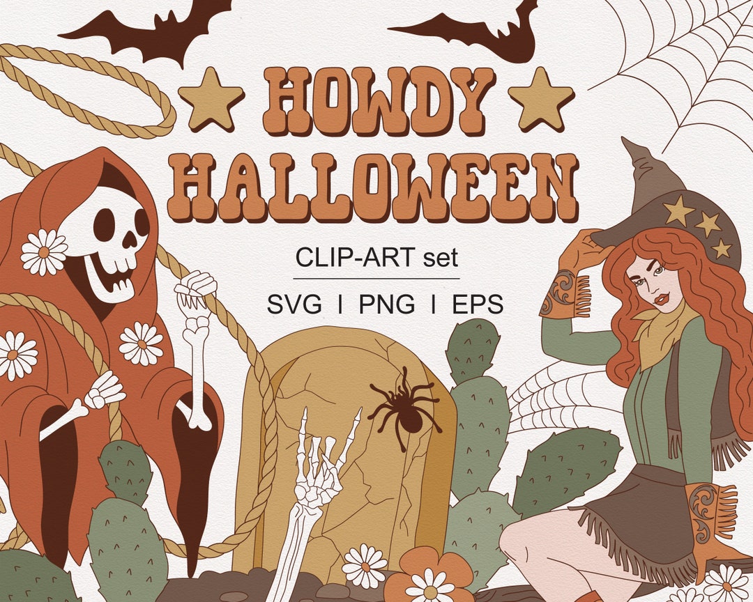 Western Howdy Groovy Halloween Cowboy Skeleton Pumpkin Mummy Cactus ...