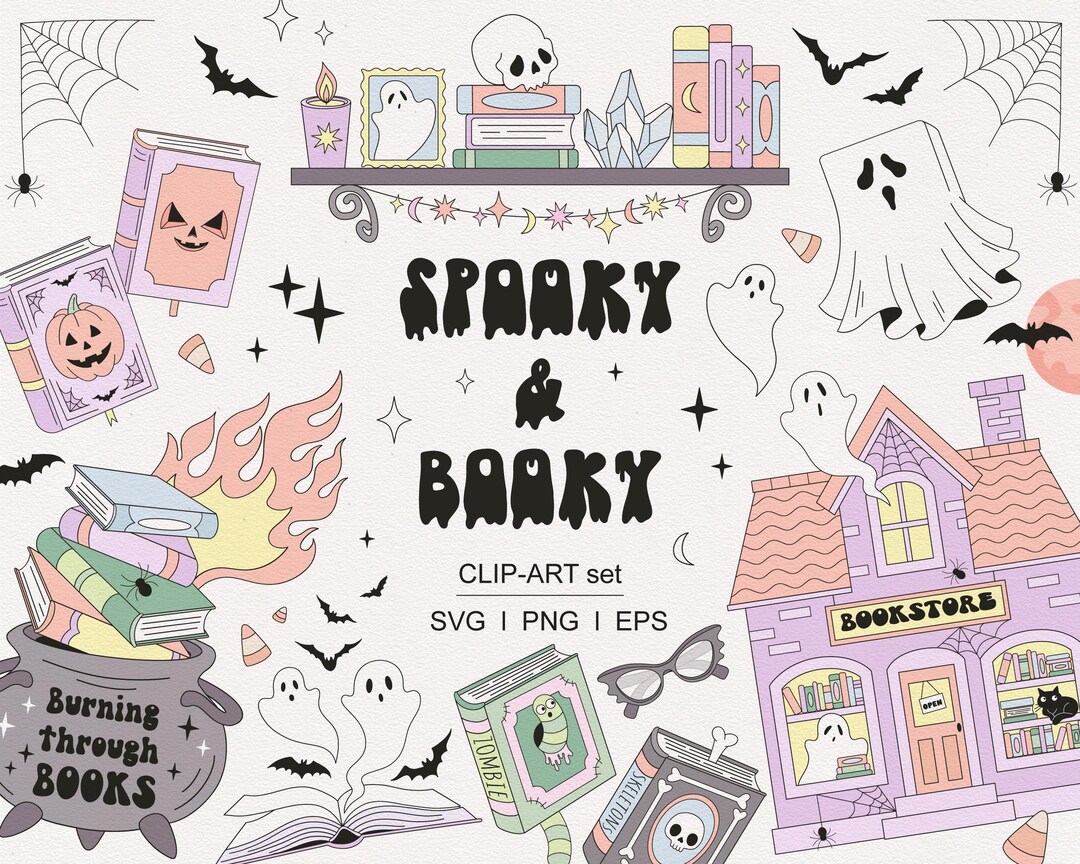 Bookish Halloween Clipart Set | Spooky Book, Ghost Reading Haunted ...
