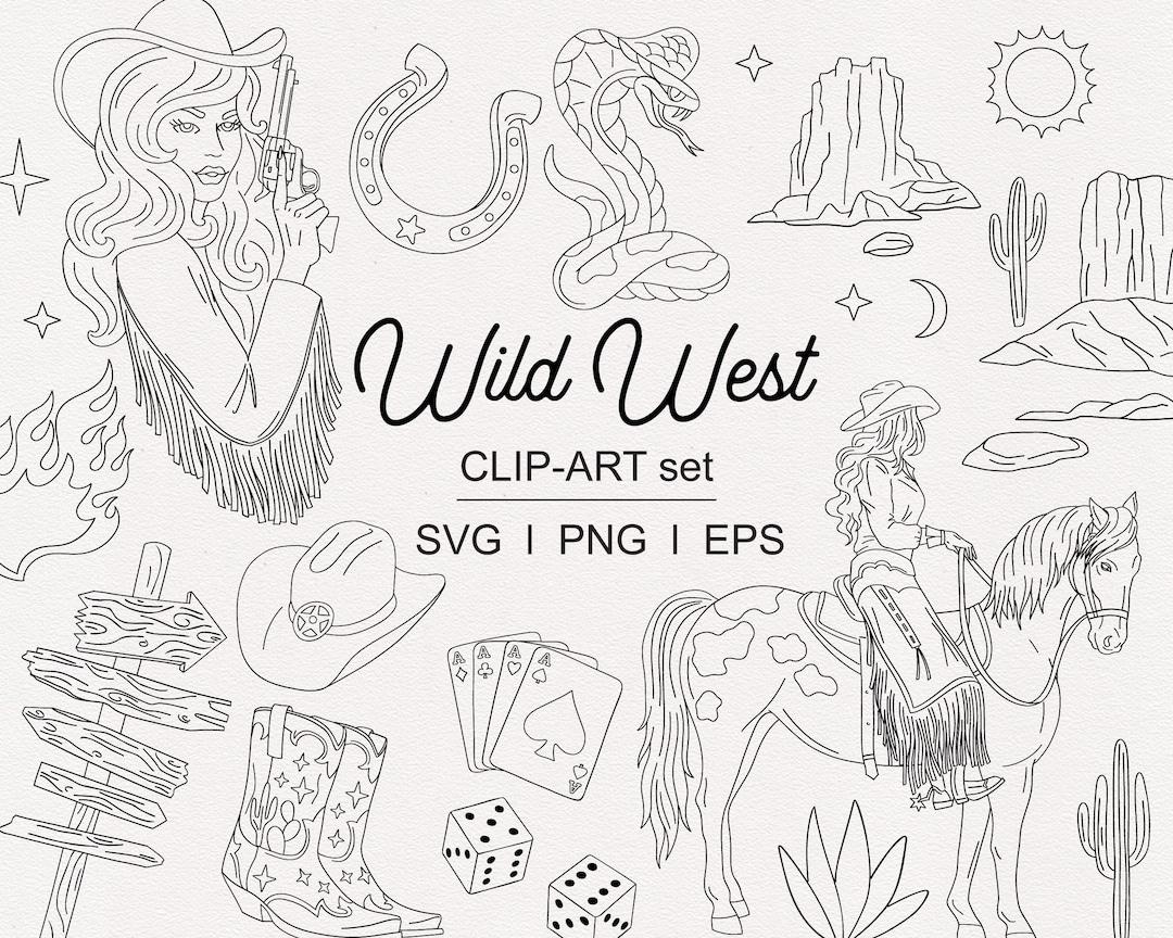 Wild West Outline Bundle, Cowboy Cowgirl Linear Clipart, Western ...