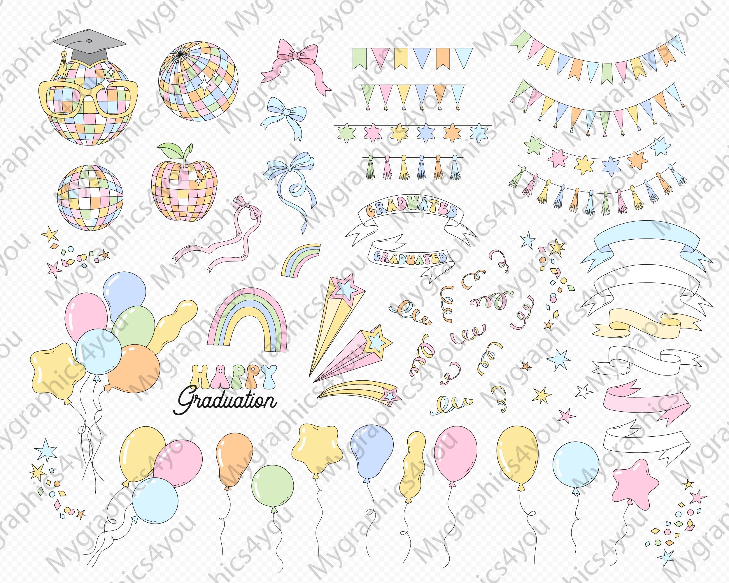 Cute Retro Groovy Pastel Graduation Party Clipart Set Goodbye School ...