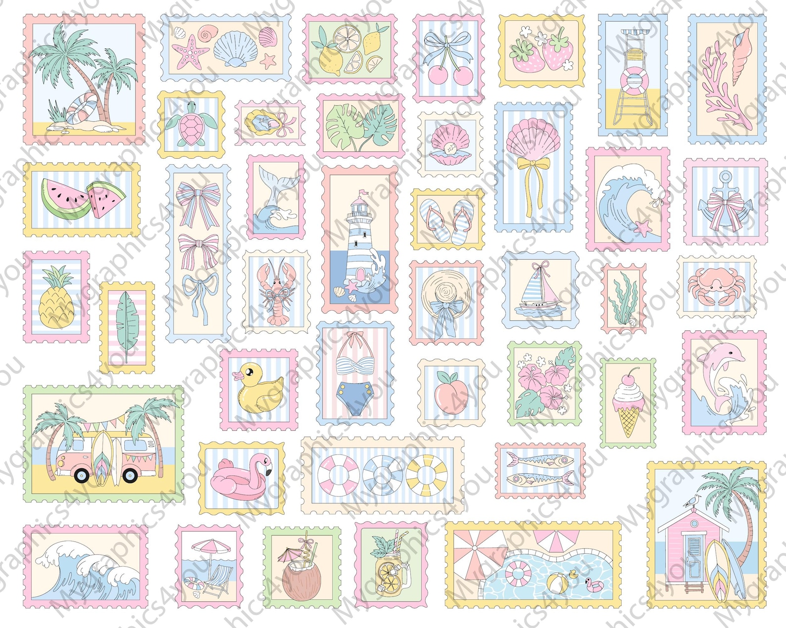 Retro Cute Pastel Summer Postage Stamp Aesthetic Clipart Set PNG ...