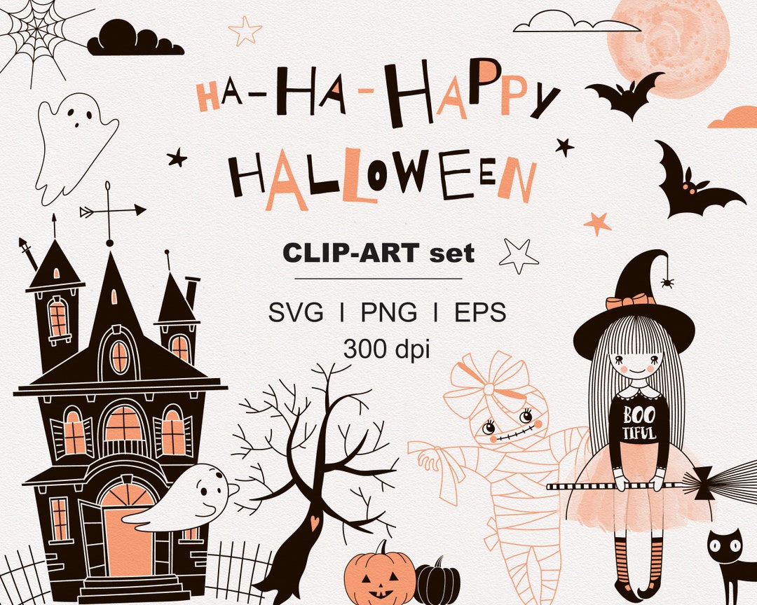 Childish Halloween Clipart Set Cute Cartoon Witch Mummy Black Cat Ghost ...