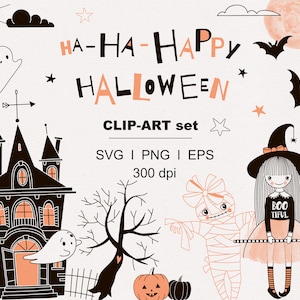 Childish Halloween Clipart Set Cute Cartoon Witch Mummy Black Cat Ghost ...
