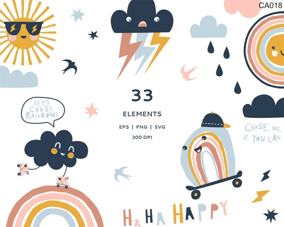 Funny Weather Character Rainbow Cloud Sun Clipart Set SVG PNG | Etsy