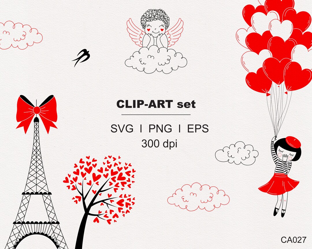 Red Valentines Day in Paris SVG PNG Clipart Set Download French Girl ...