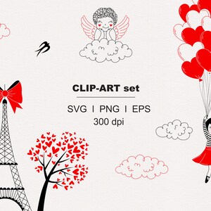 Red Valentines Day in Paris SVG PNG Clipart Set Download French Girl ...