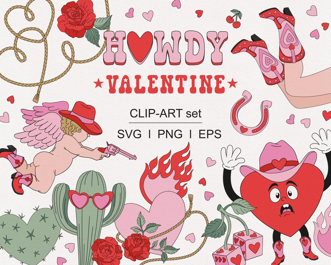 Retro Western Howdy Valentine’s Day Cowboy Cupid Heart Cartoon Love ...