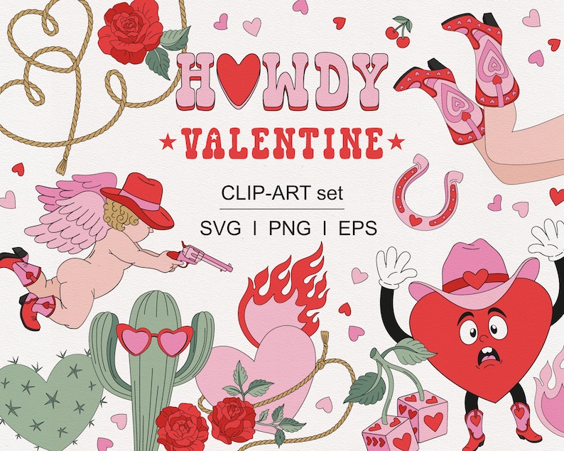 Retro Western Howdy Valentine’s Day Cowboy Cupid Heart Cartoon Love ...