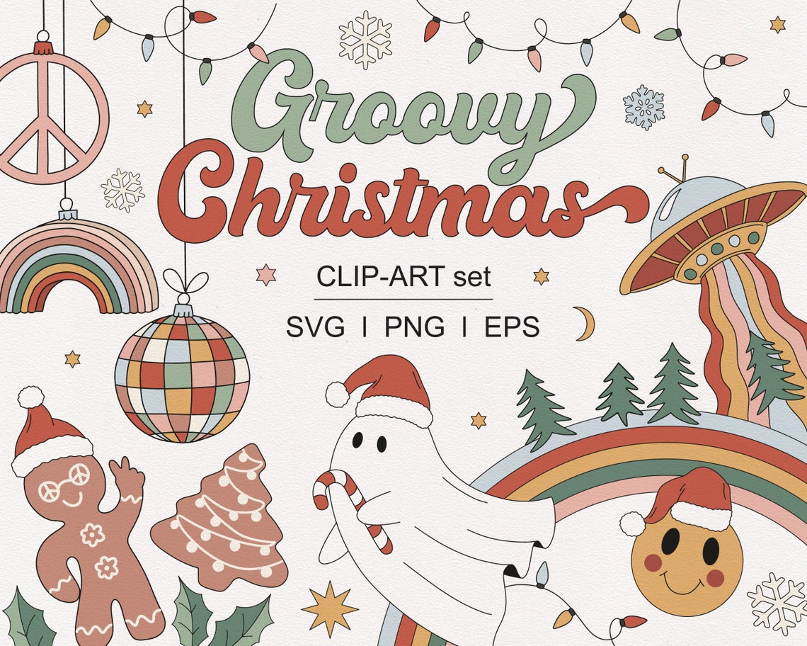 Retro 60s 70s Groovy Hippie Christmas Season Ghost Santa Deer Alien ...