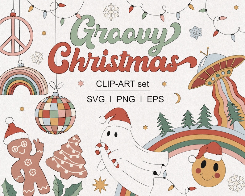 Retro 60s 70s Groovy Hippie Christmas Season Ghost Santa Deer Alien ...