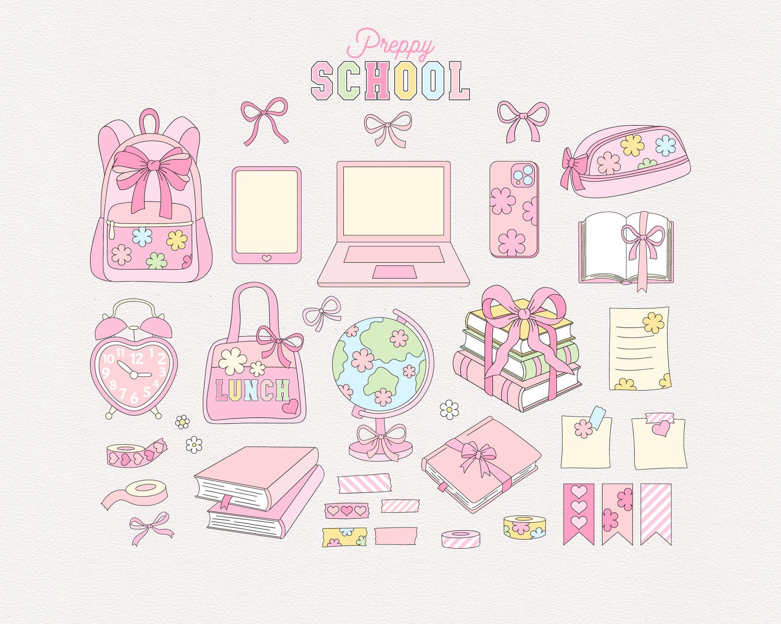Preppy Coquette Pink Back to School Clipart – Pencil Bow Girlie School ...