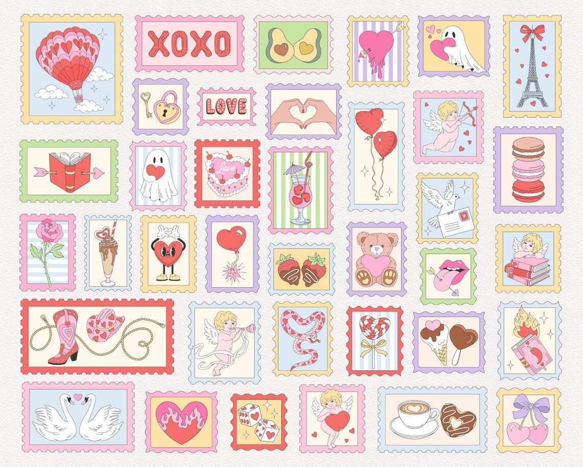 Retro Cute Valentine Love Postage Stamp Clipart Set. Vintage Romantic ...